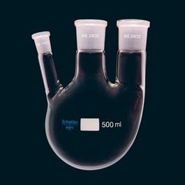 Matraz esférico, fondo redondo, con tres bocas esmeriladas, central y ...