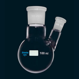 Matraz esférico, fondo redondo, con dos bocas esmeriladas, central y ...